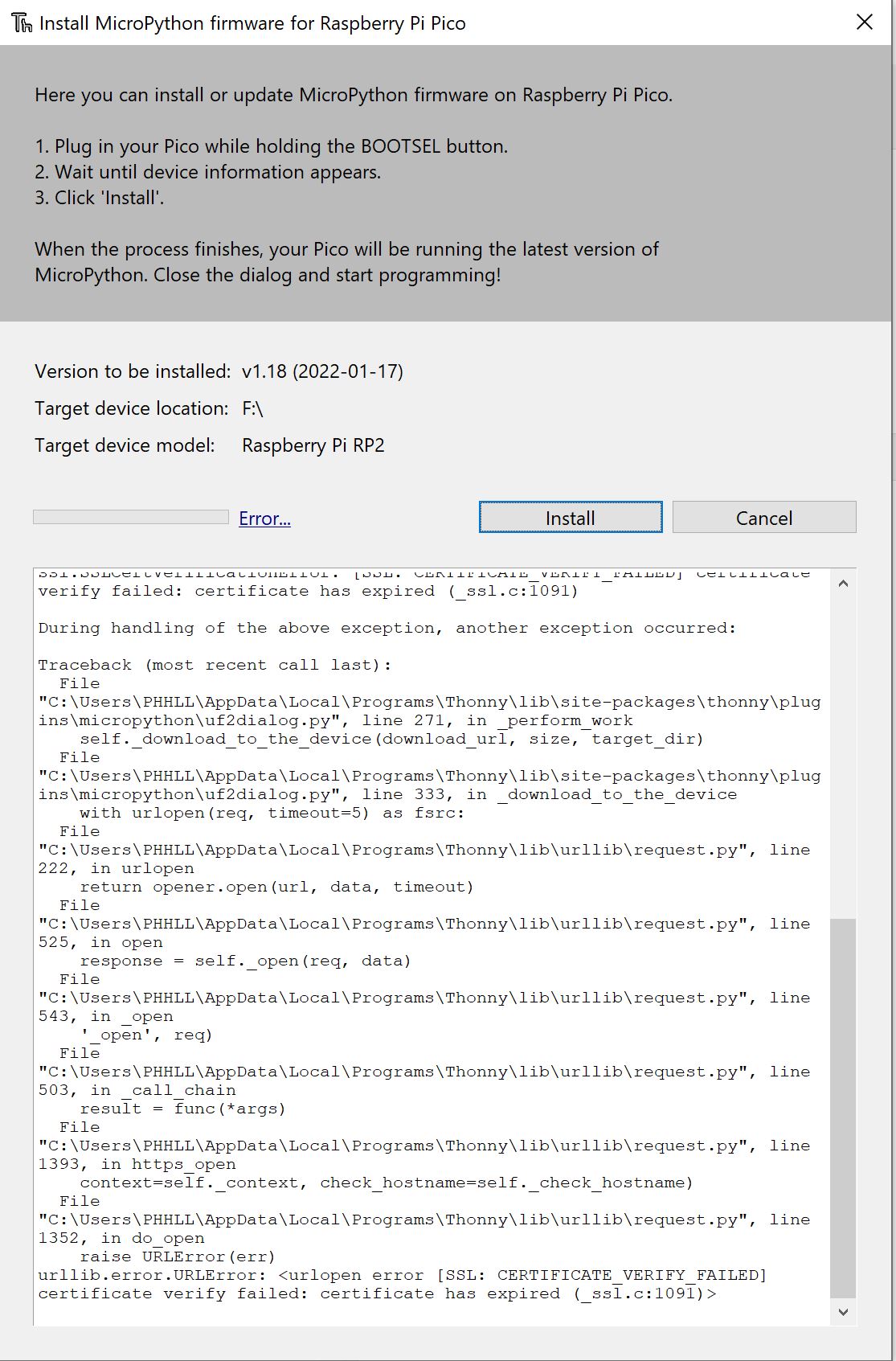 "ssl certificate expired" trying to install Micropython firmware ...