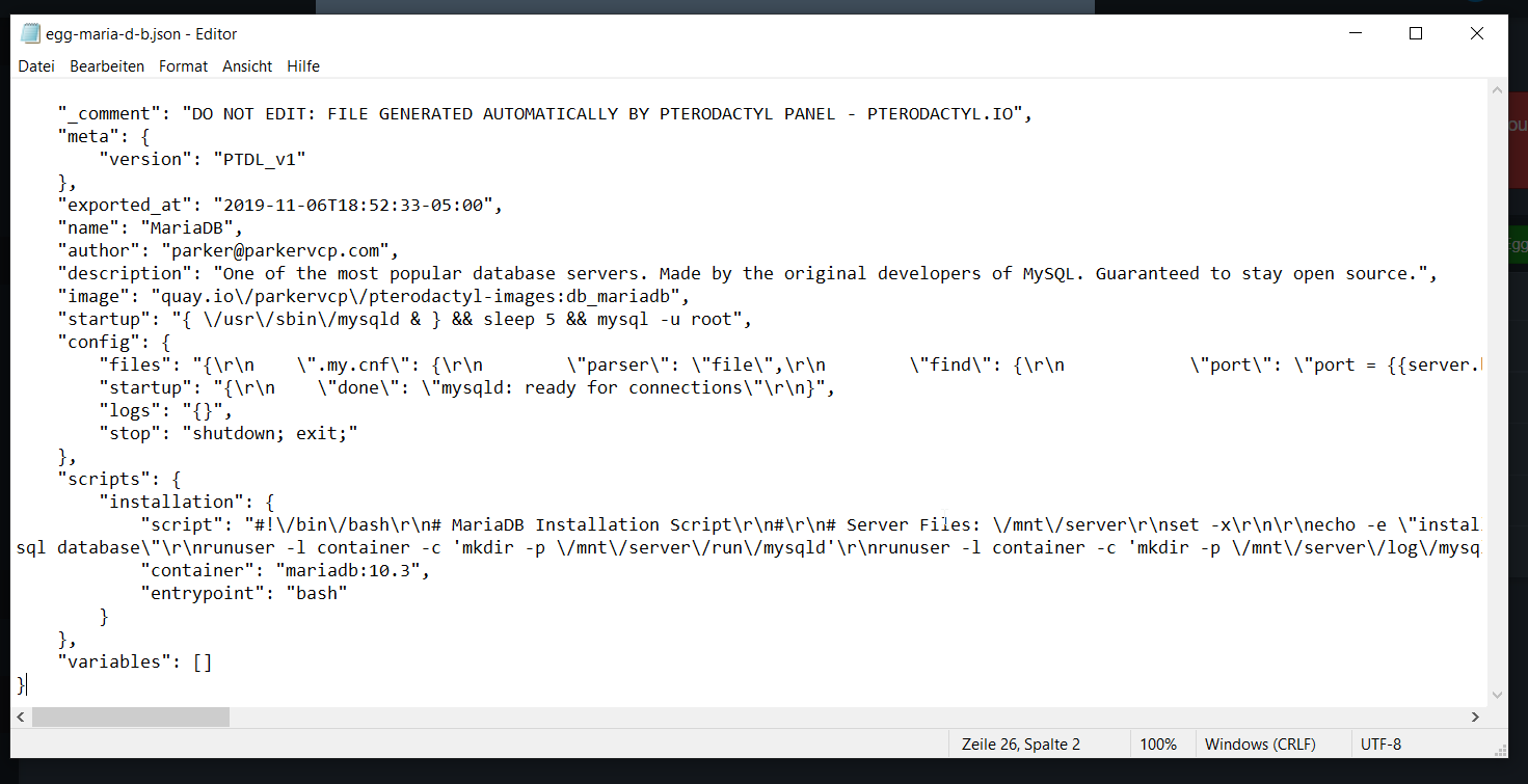 [Bug]: Panel crashing while importing MariaDB egg · Issue #1747 · pelican-eggs/eggs · GitHub
