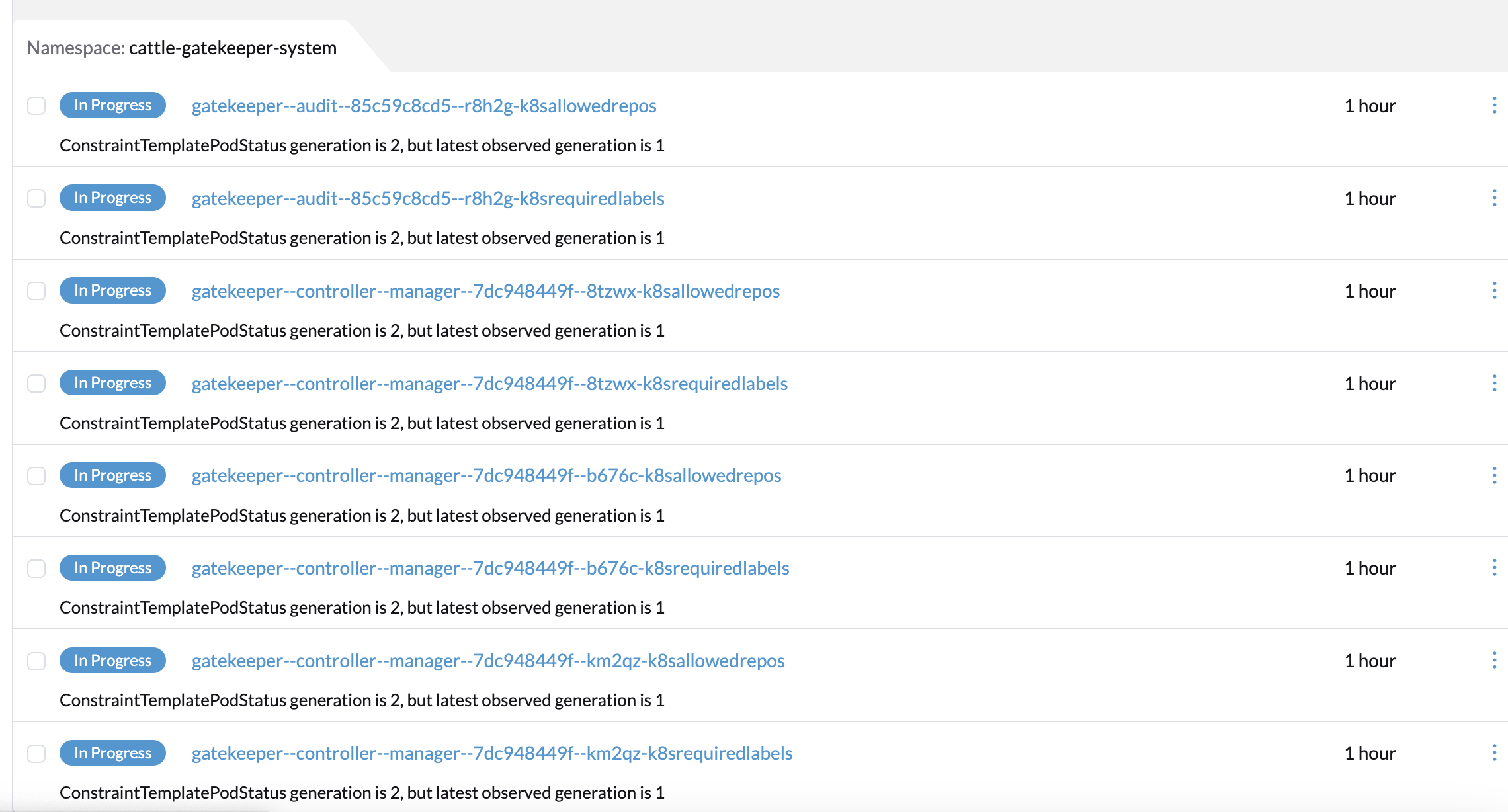 Gatekeeper policies stuck in "In Progress" · Issue #43364 · rancher/rancher · GitHub