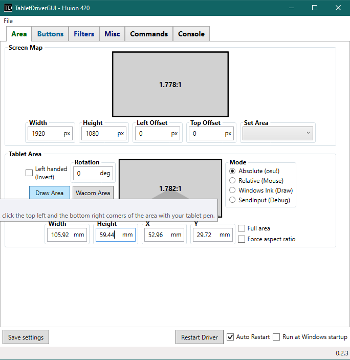 Tablet Area Won't Change / Huion 420 · Issue #867 · hawku/TabletDriver · GitHub