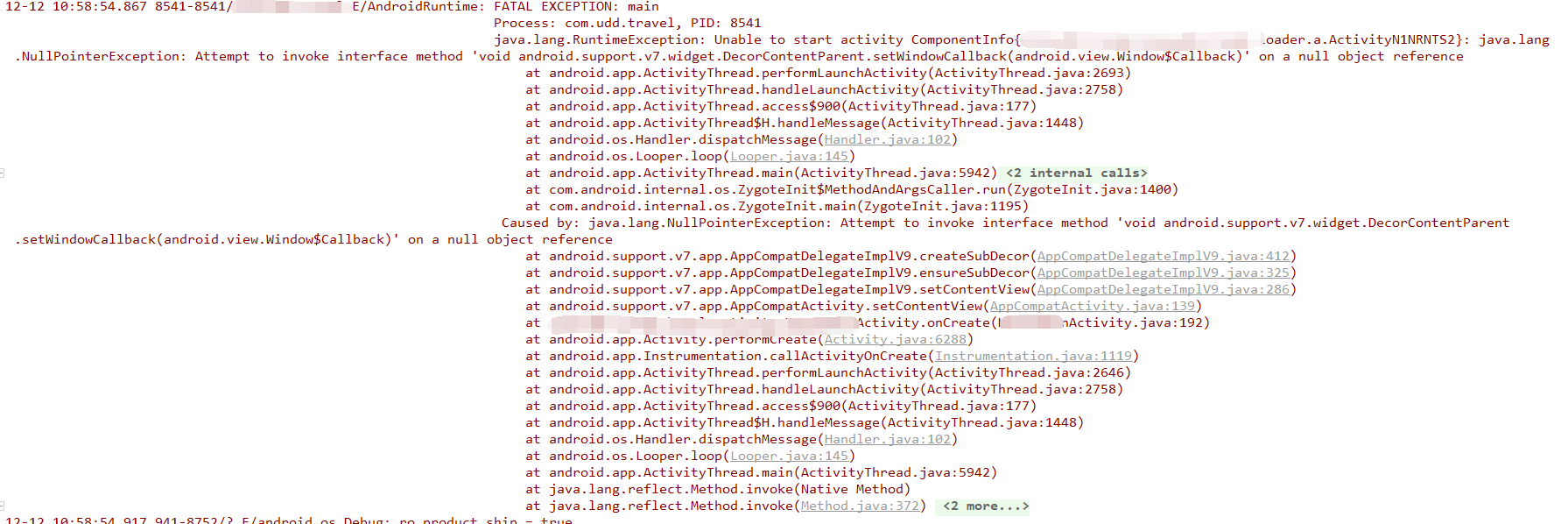 Attempt to invoke interface method 'void android.support.v7.widget.DecorContentParent ...