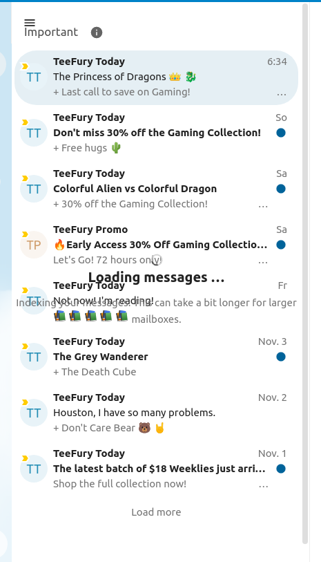 "loading messages" spinner overlays envelope list in Priority Inbox even if messages are already ...