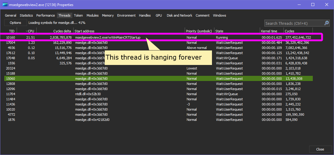 Creation of WebView2 hangs with 100% CPU msedgewebview2.exe process (probably renderer process ...