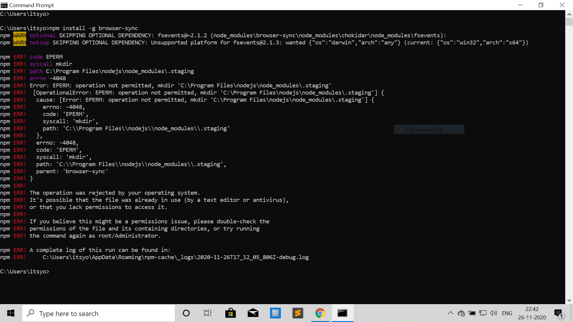 I am trying to install Browser-sync with npm using 'npm install -g browser-sync' but I am not ...