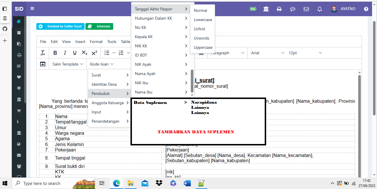 Permintaan fitur: Menambahkan Nama Data Suplemen kedalam Kode Isian Surat RTF TinyMCE · Issue ...