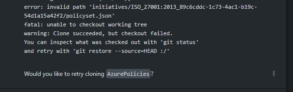 Export from Azure to GitHub: error: invalid path 'initiatives/ISO_27001 ...