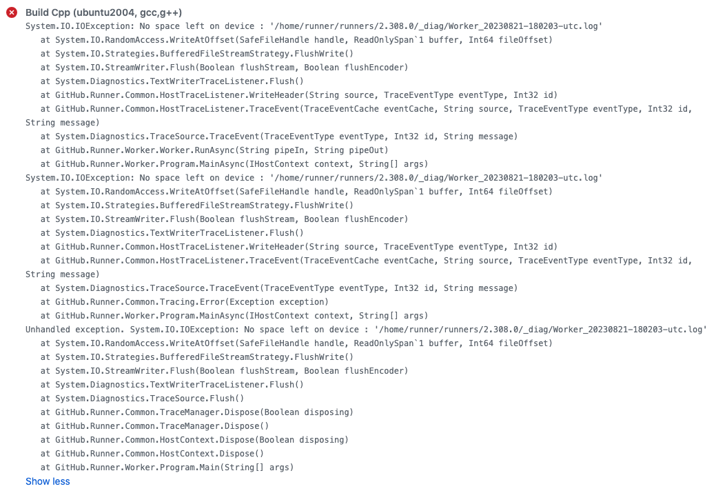 Daily Building Cpp For Ubuntu 2004 Failed Frequently Due To No Space Left On Device · Issue