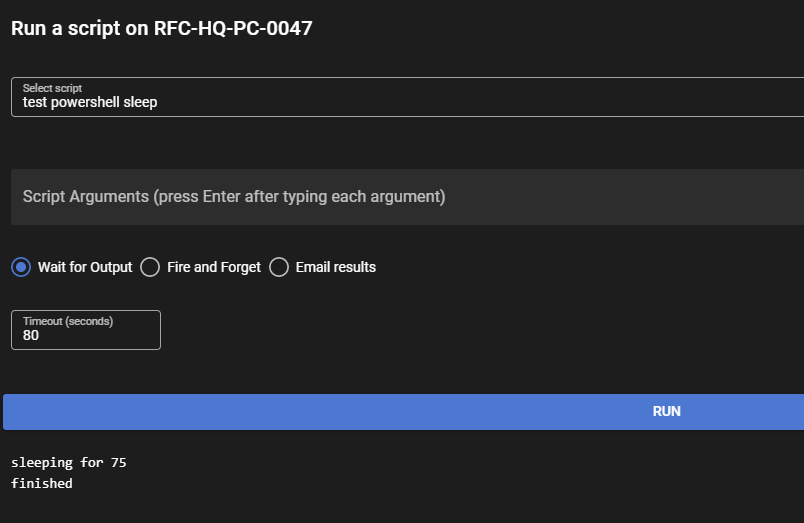 Bug: WebUI does not follow timeout of Run Script · Issue #260 · amidaware/tacticalrmm · GitHub