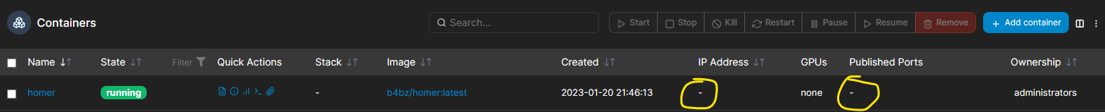 ports and ip address is '-' · Issue #592 · bastienwirtz/homer · GitHub