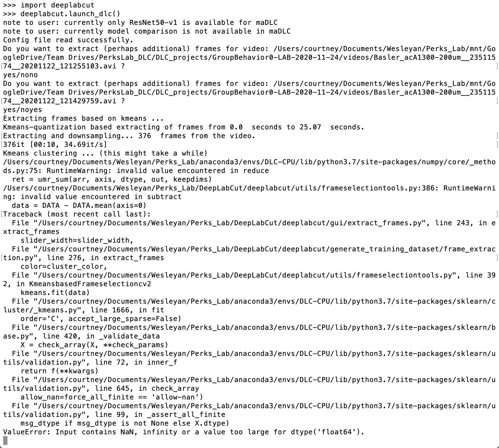Error message when extracting frames · Issue #1032 · DeepLabCut ...