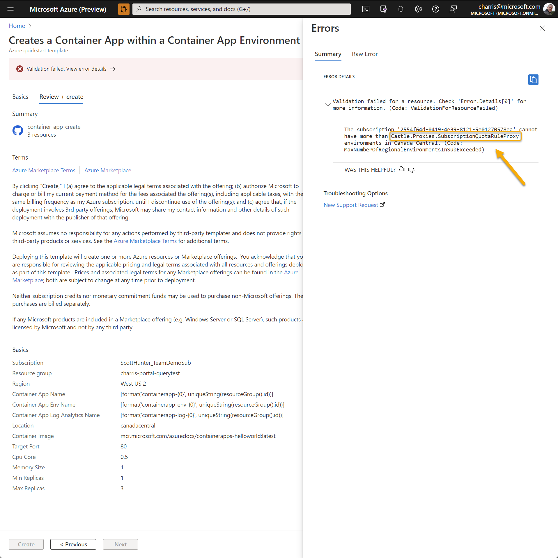 Validation error: "cannot have more than Castle.Proxies.SubscriptionQuotaRuleProxy environments ...