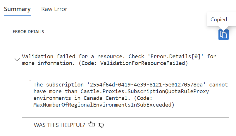 Validation error: "cannot have more than Castle.Proxies.SubscriptionQuotaRuleProxy environments ...