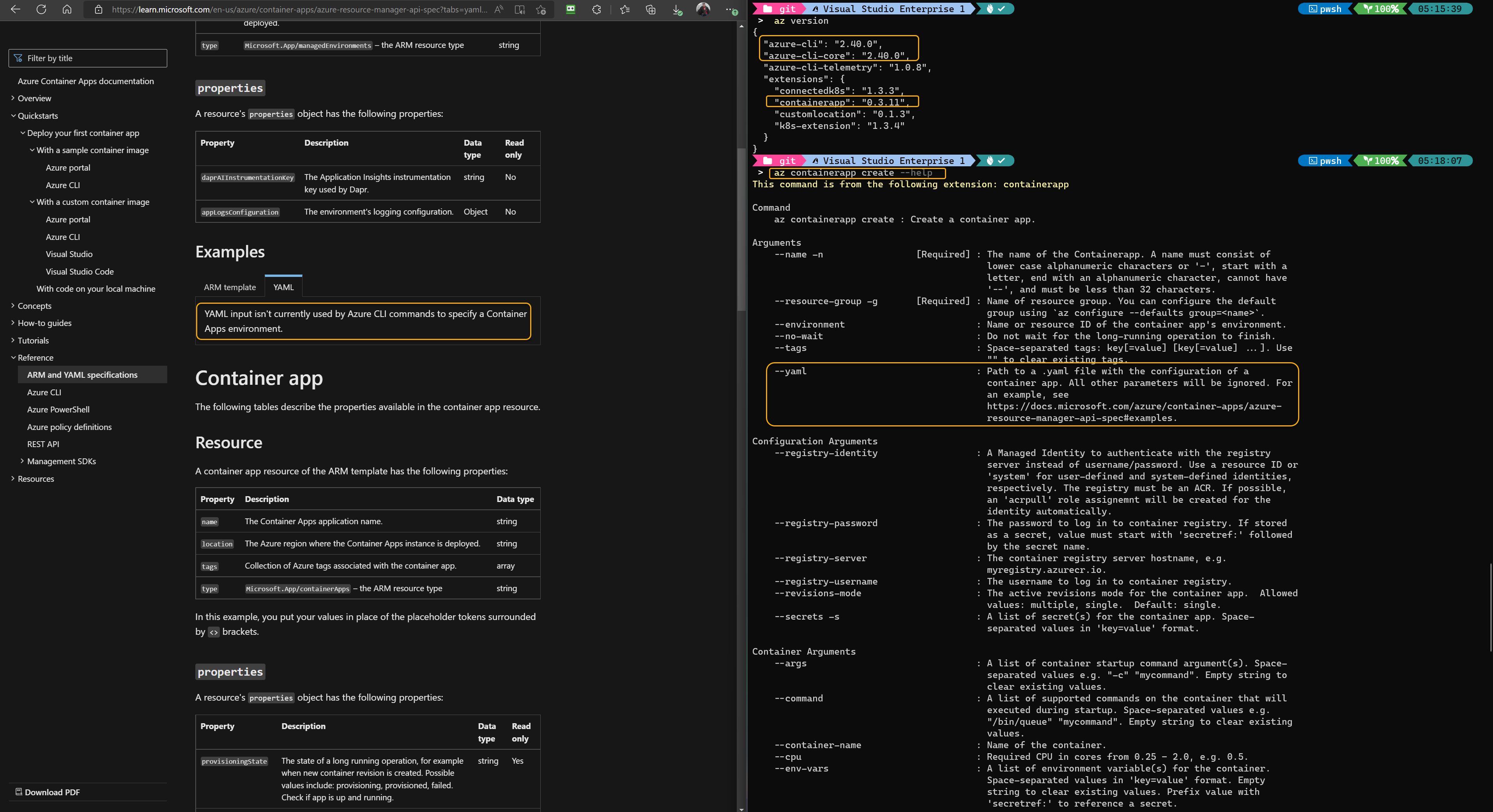 `az Containerapp Create` Mentiones Yaml Argument But Ap Spec Doc Says It Isnt Currently Used 