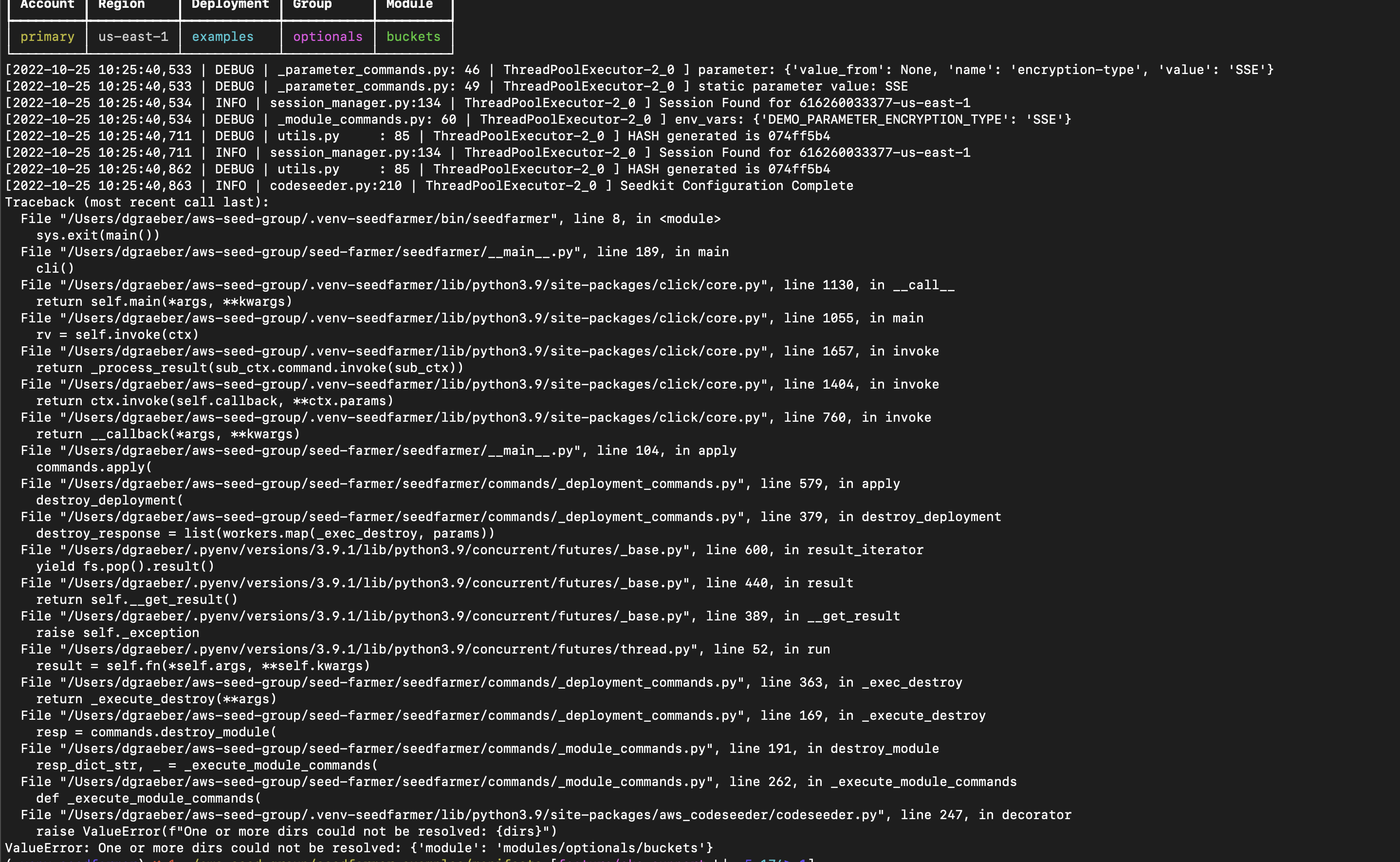 [BUG] CLI destroy fails if not executed from root of project · Issue #165 · awslabs/seed-farmer ...