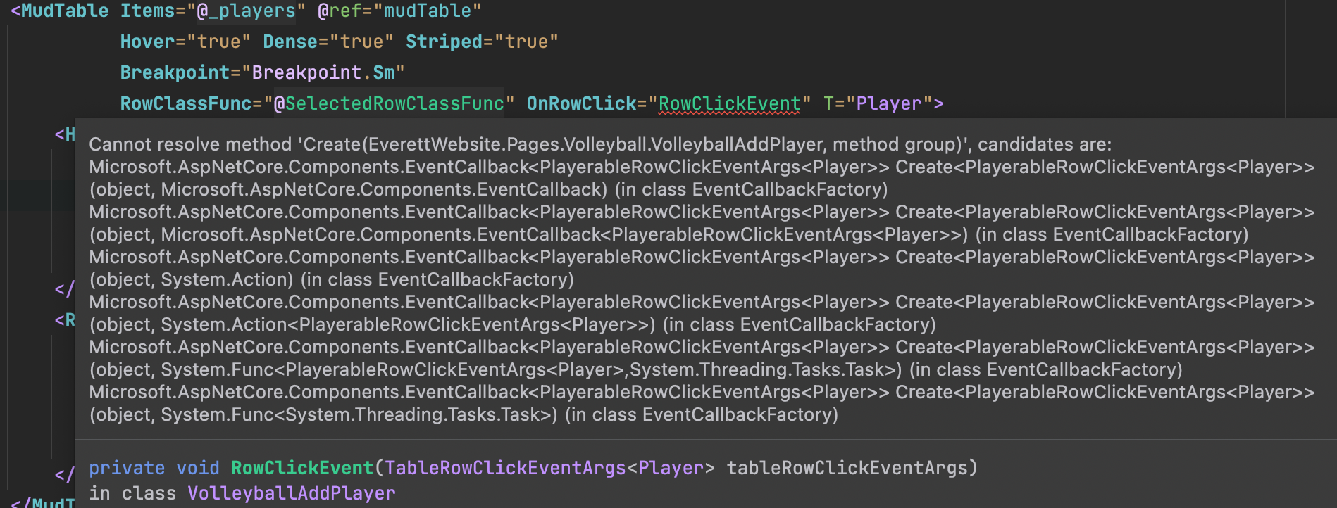 MacOS - JetBrains Rider - MudTable OnRowClick giving false error · Issue #4407 · MudBlazor ...