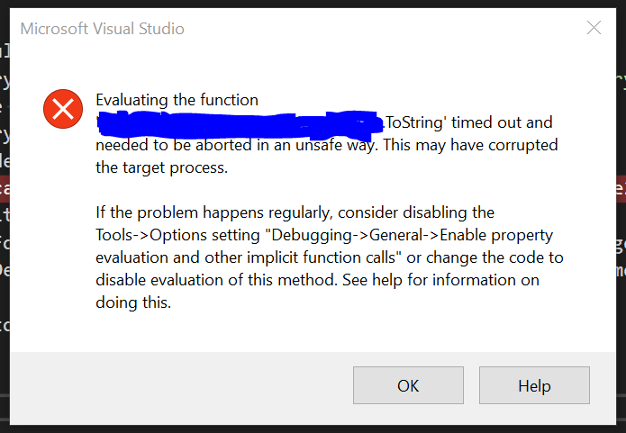 Debugger aborts: Evaluation function '....' timed out and needed to be aborted in an unsafe way ...