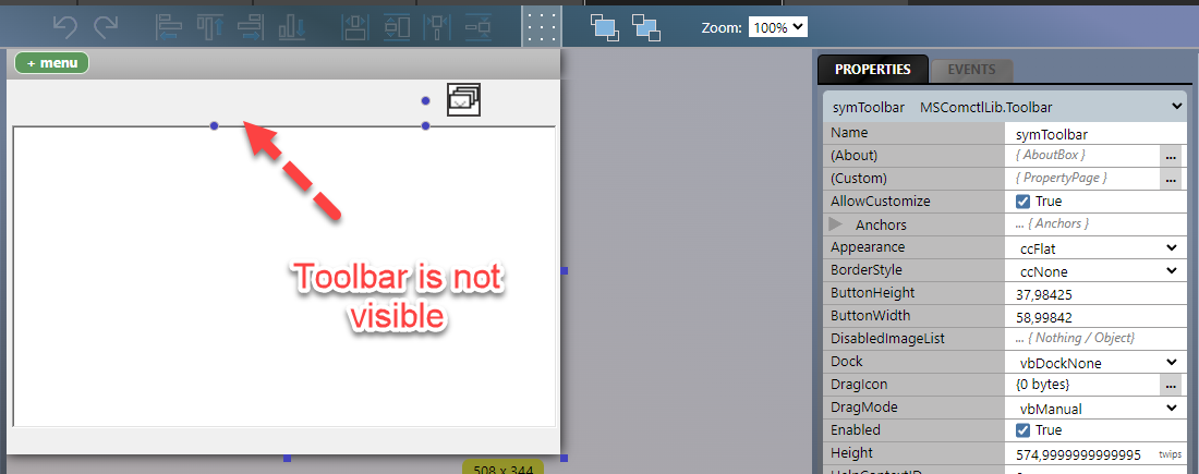 Toolbar is only visible after the custom property page has been opened ...