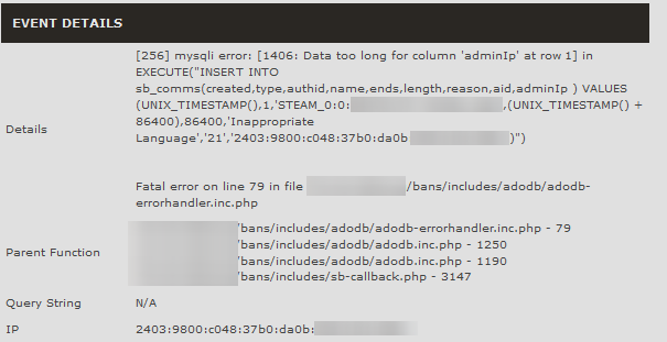 Error when admin is IPv6 · Issue #416 · sbpp/sourcebans-pp · GitHub
