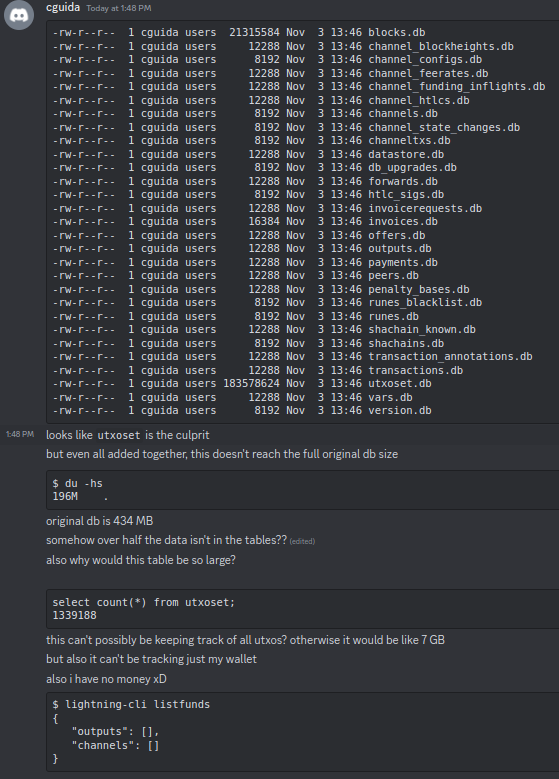 utxoset table unexpectedly large · Issue #6843 · ElementsProject/lightning · GitHub