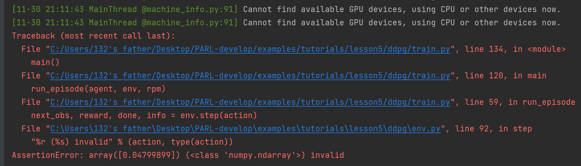 lesson5代码运行报错，求大佬帮忙解决 · Issue #756 · PaddlePaddle/PARL · GitHub
