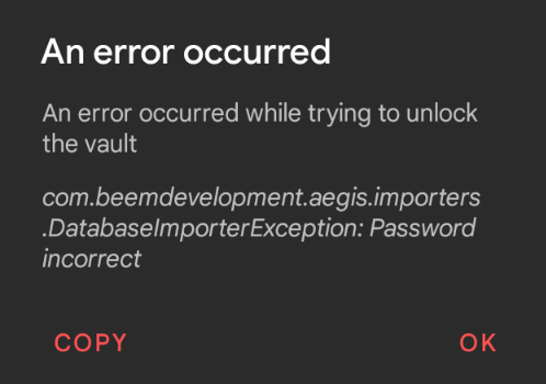 Wrong password when importing to Work Profile · Issue #996 · beemdevelopment/Aegis · GitHub