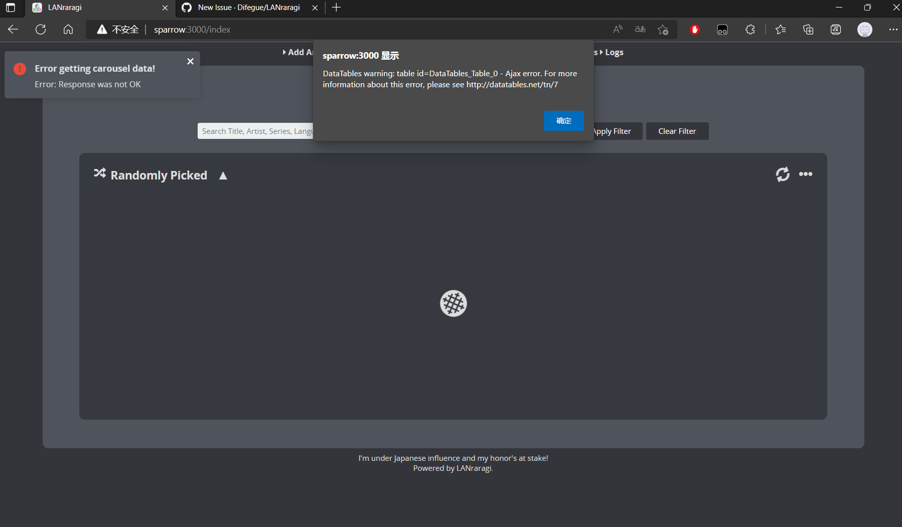 Datatables Warning Error Getting Carousel Data · Issue 693 · Difegue Lanraragi · Github