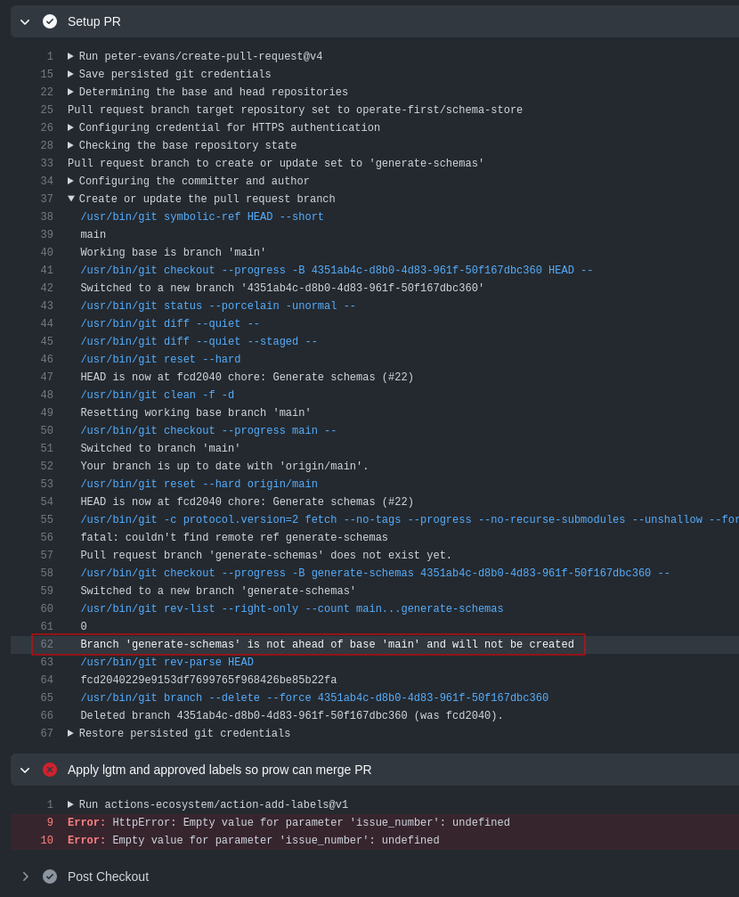 Workflow fails if no PR is needed to be created · Issue #25 · operate-first/schema-store · GitHub