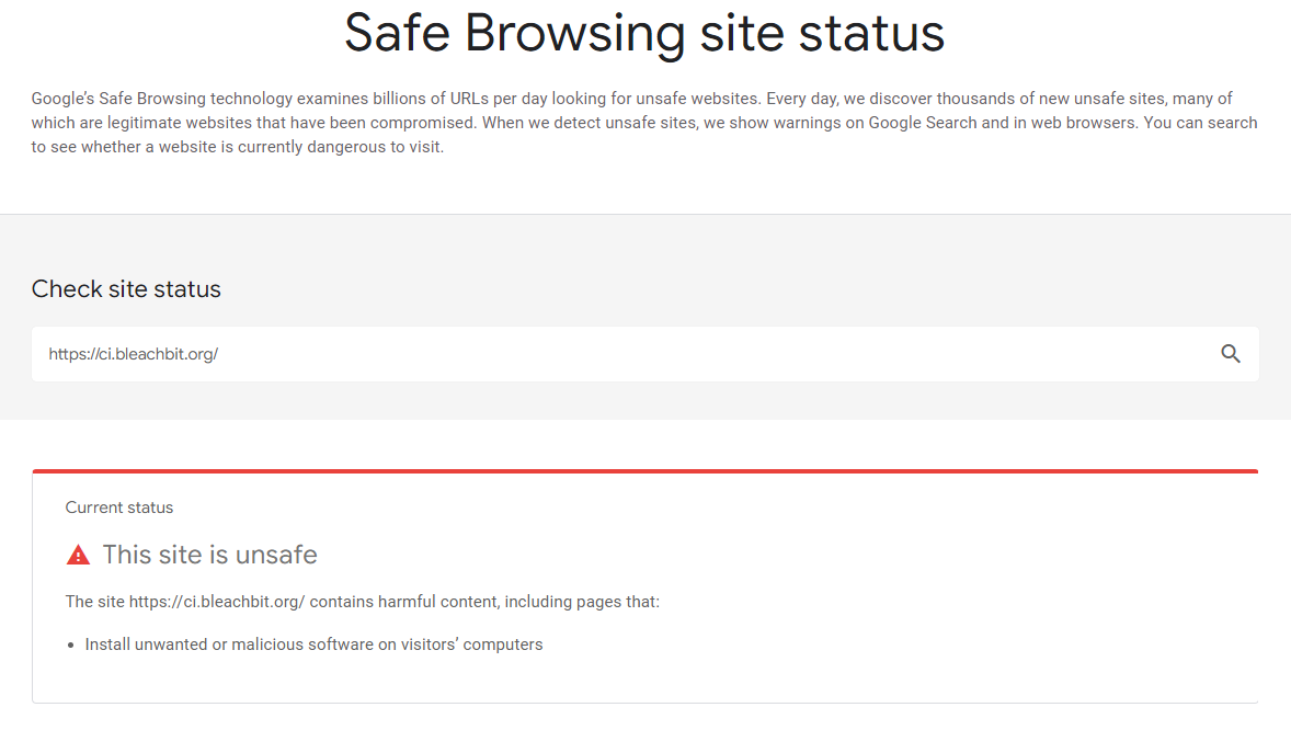 https://ci.bleachbit.org/ is flagged as Dangerous by Google's Safe Browsing · Issue #1506 ...