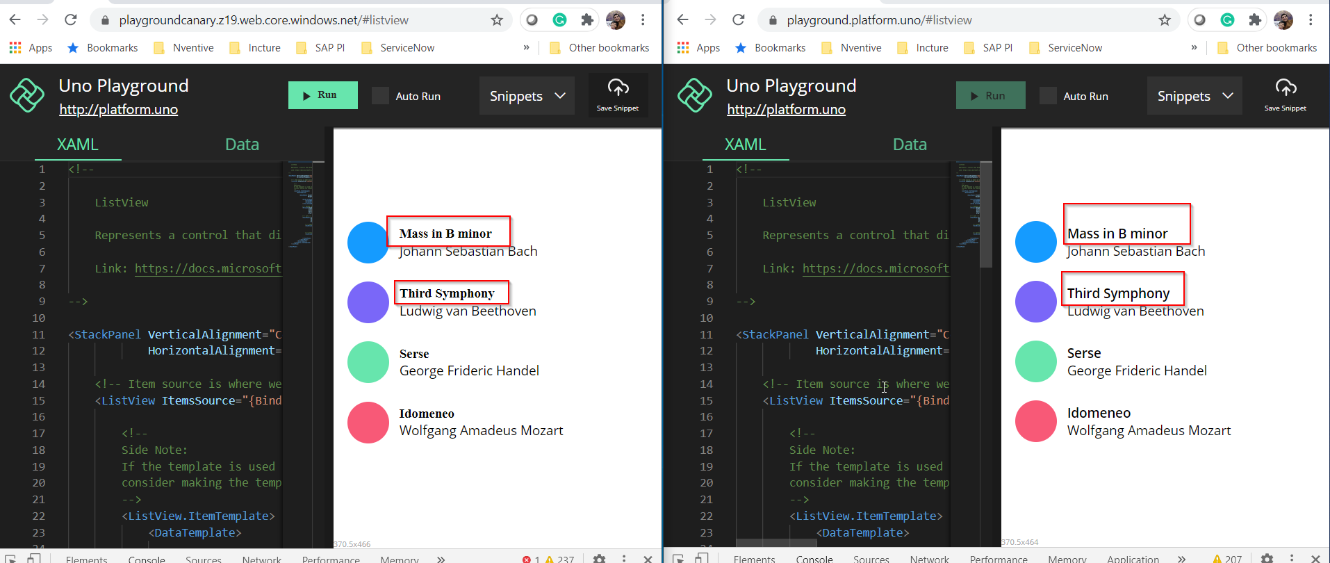 [Uno Playground] Default font size is different for Checkbox and ListView options of snippets in ...