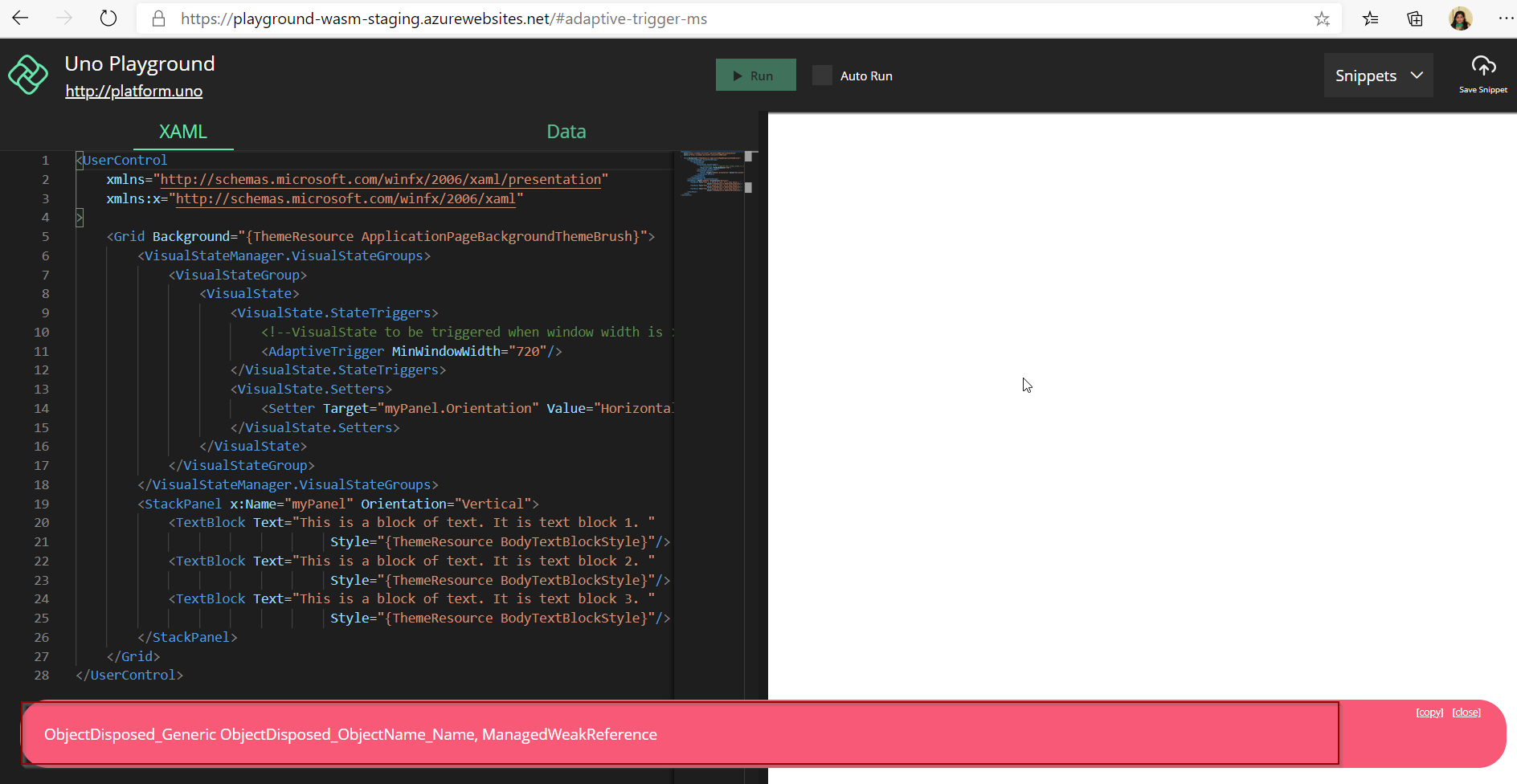 [Uno Playground] Getting error for Adaptive trigger options of snippets. · Issue #4917 ...