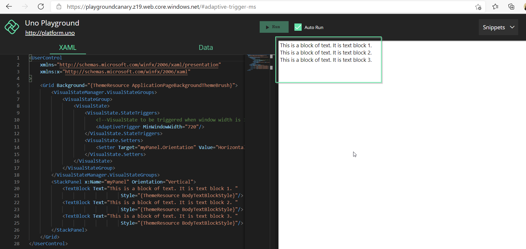 [Uno Playground] Getting error for Adaptive trigger options of snippets ...