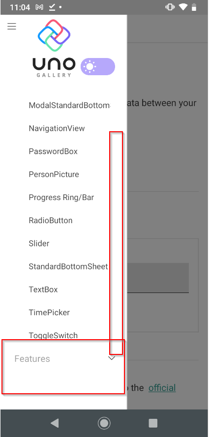 [Gallery][Android] When Components and Features options of Burger list are expended, scroll is ...