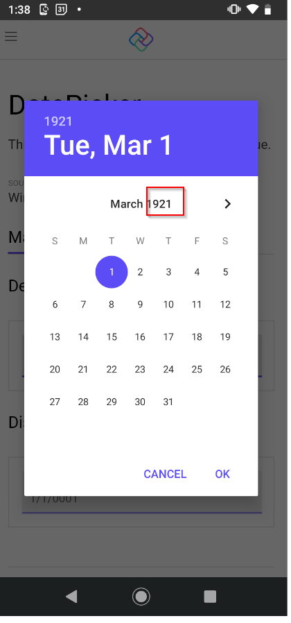 [Gallery][Android/iOS] DatePicker- Default year to choose date from calendar is 1921. · Issue ...