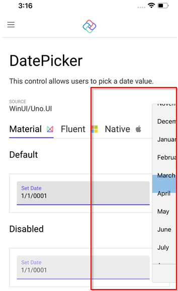 [Gallery][iOS] For Material, Fluent, and Cupertino, to choose the date, calendar is not ...