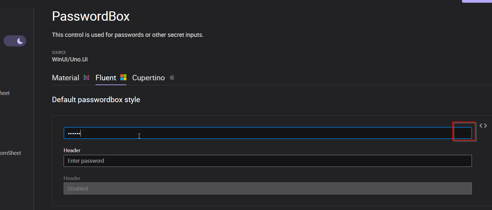 [Gallery][Wasm/Android] PasswordBox Fluent- RevealButton foreground doesnt change with theme ...