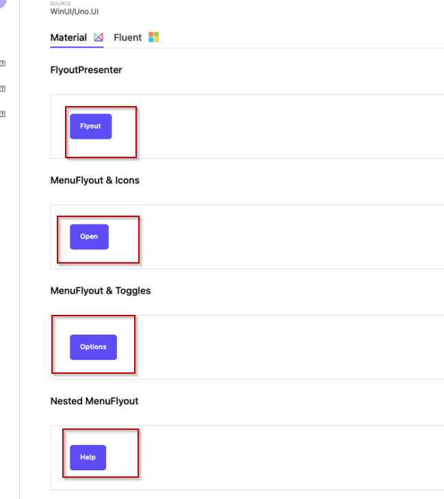 [Gallery][MacOS] `Flyout` - Any button for flyout like 'Flyout', 'Open', 'Options' 'Help' are ...