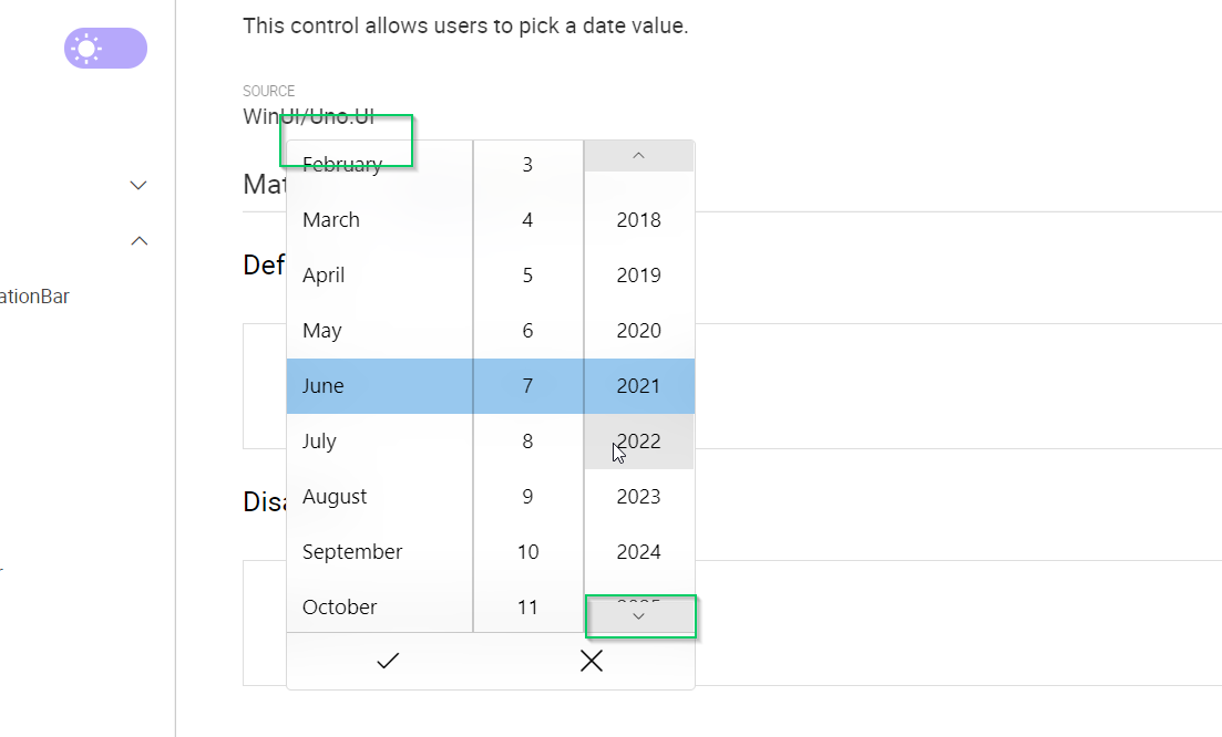 [Gallery][Android/Wasm] DatePicker - For Material the up arrow is missing for Date, Month and ...