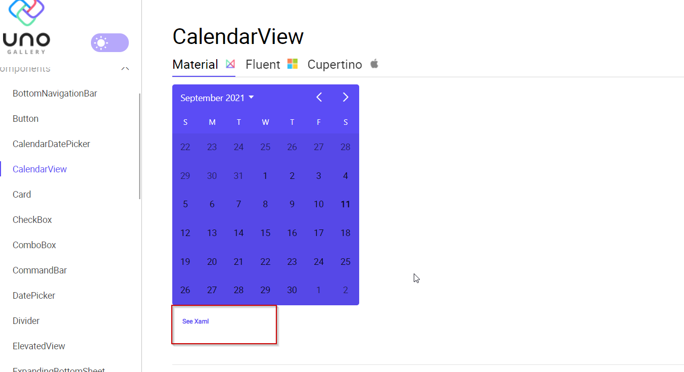 [Gallery][Wasm] CalendarView - The XAML code is available through See Xaml link, instead of the ...