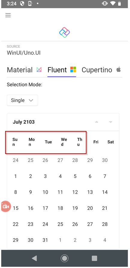 [Gallery][Android] CalendarView -Calendar View is different from other platforms(iOS and WASM ...