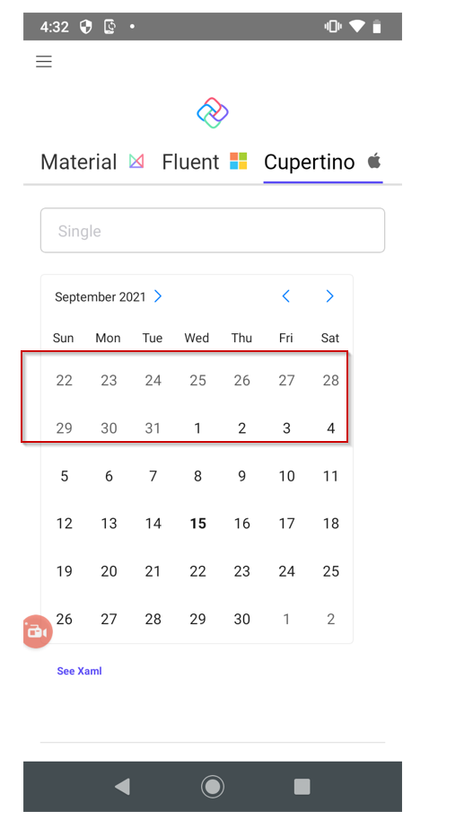 [Gallery][Android] CalendarView -Calendar View is different from other platforms(iOS and WASM ...
