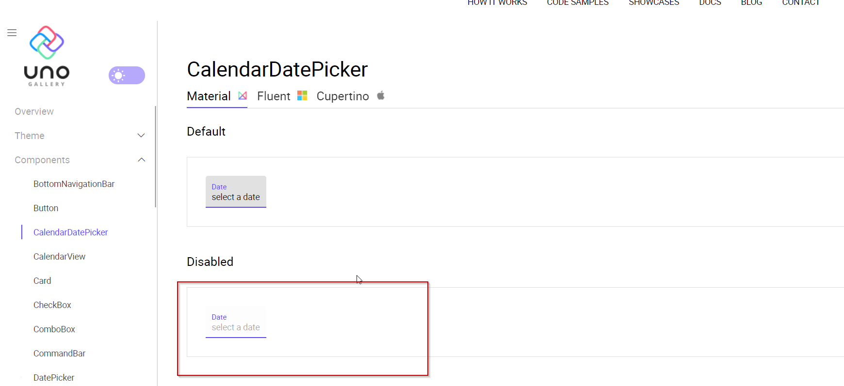 [Gallery][Wasm/iOS/Android] Material - CalendarDatePicker - Border for disabled 'Select a Date ...
