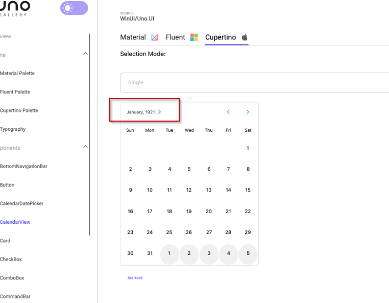 [Gallery][macOS] `CalendarView` - default year and month on the header of the calendar is ...