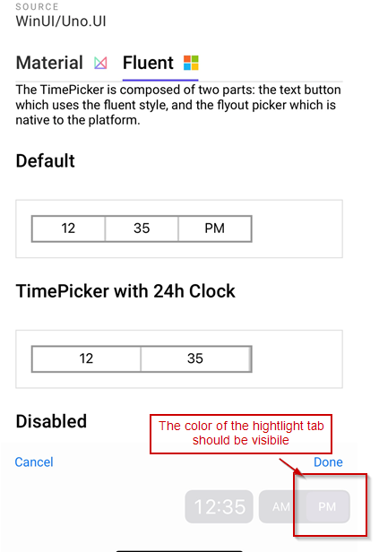 [Gallery][iOS] Timepicker- The AM,PM changing toggleswitch is not correctly highlighting in the ...