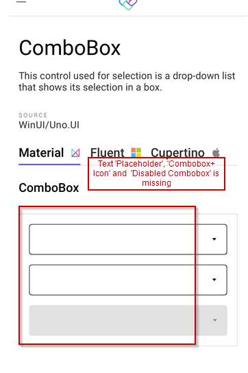 [Gallery][iOS/Catalyst]Combobox (Material)- Text 'Placeholder' 'Combobox +Icon' and 'Disabled ...