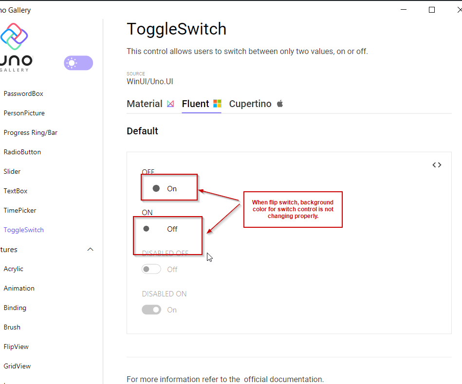 [Gallery][Skia.GTK] Toggleswitch(Fluent)- when flipping the toggle switch, switch control is not ...