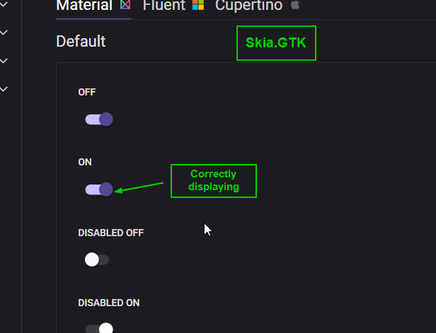 [Gallery][Wasm/Skia.Gtk] `Toggleswitch` (Material) - In dark theme, switch knob does not fully ...