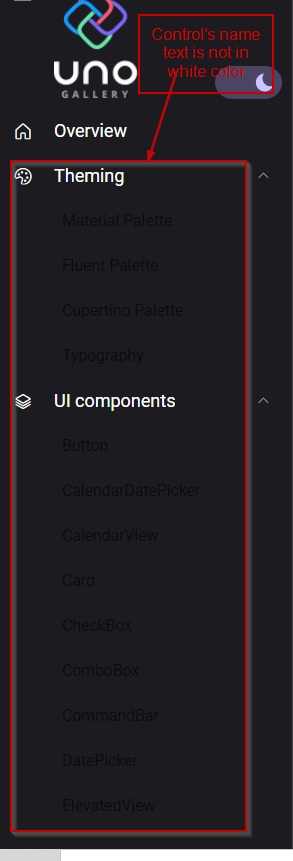 [Gallery][All Platforms] In `NavigationView` menu item font color is ...
