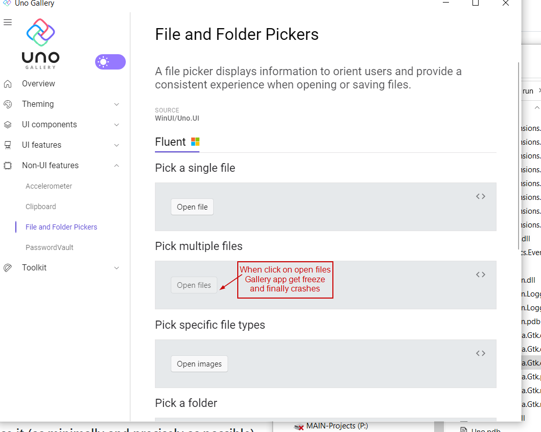 [Gallery][Skia.GTK]File and Folder Pickers- The Gallery app freezes and finally crashes, when ...
