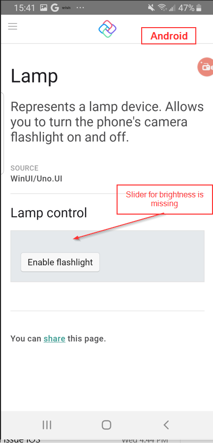 [Gallery][Android]Lamp - Slider for Brightness is missing. · Issue #11177 · unoplatform/uno · GitHub