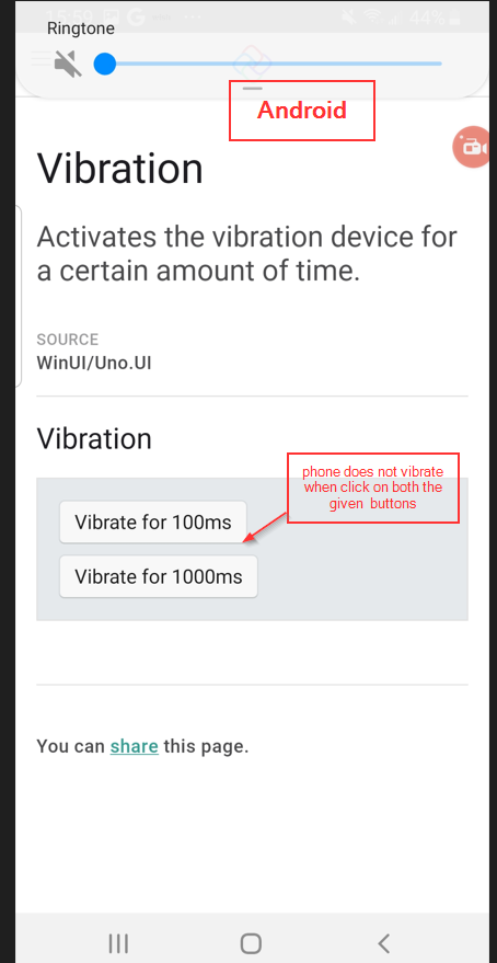 [Gallery][Android]Vibration- Phone is not vibrating when click on 'vibrate for 100ms' or ...